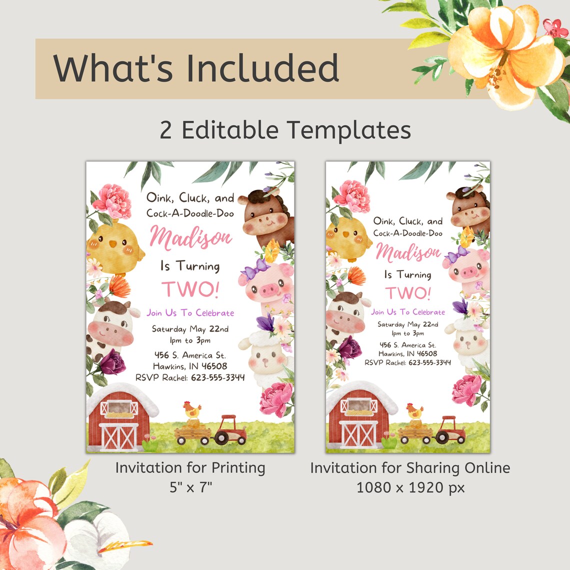 Farm 2nd Birthday Invitation, Farm Invitations for a Girl, Farm Girl ...