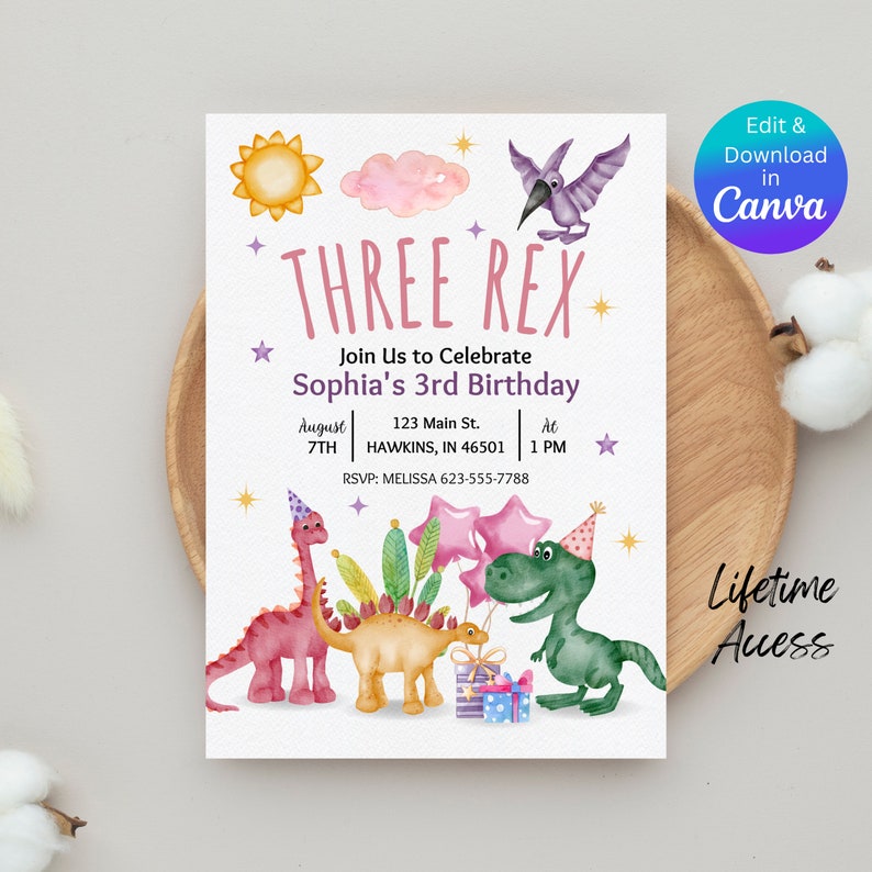 Girls 3 Rex Birthday Invitation 3 Rex Birthday Girl 3 Rex - Etsy