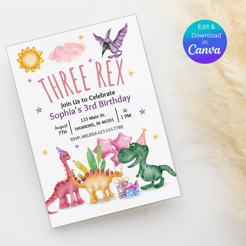 Girls 3 Rex Birthday Invitation 3 Rex Birthday Girl 3 Rex - Etsy