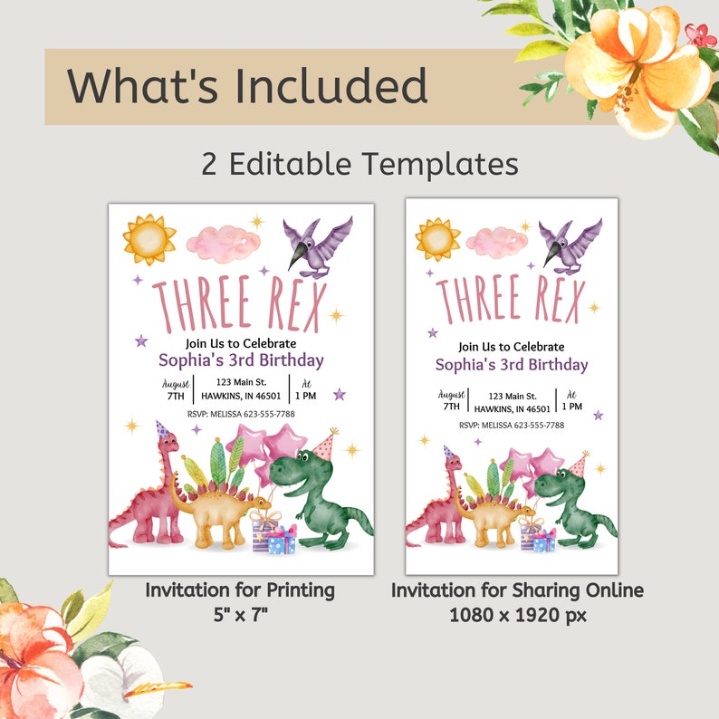Girls 3 Rex Birthday Invitation 3 Rex Birthday Girl 3 Rex - Etsy