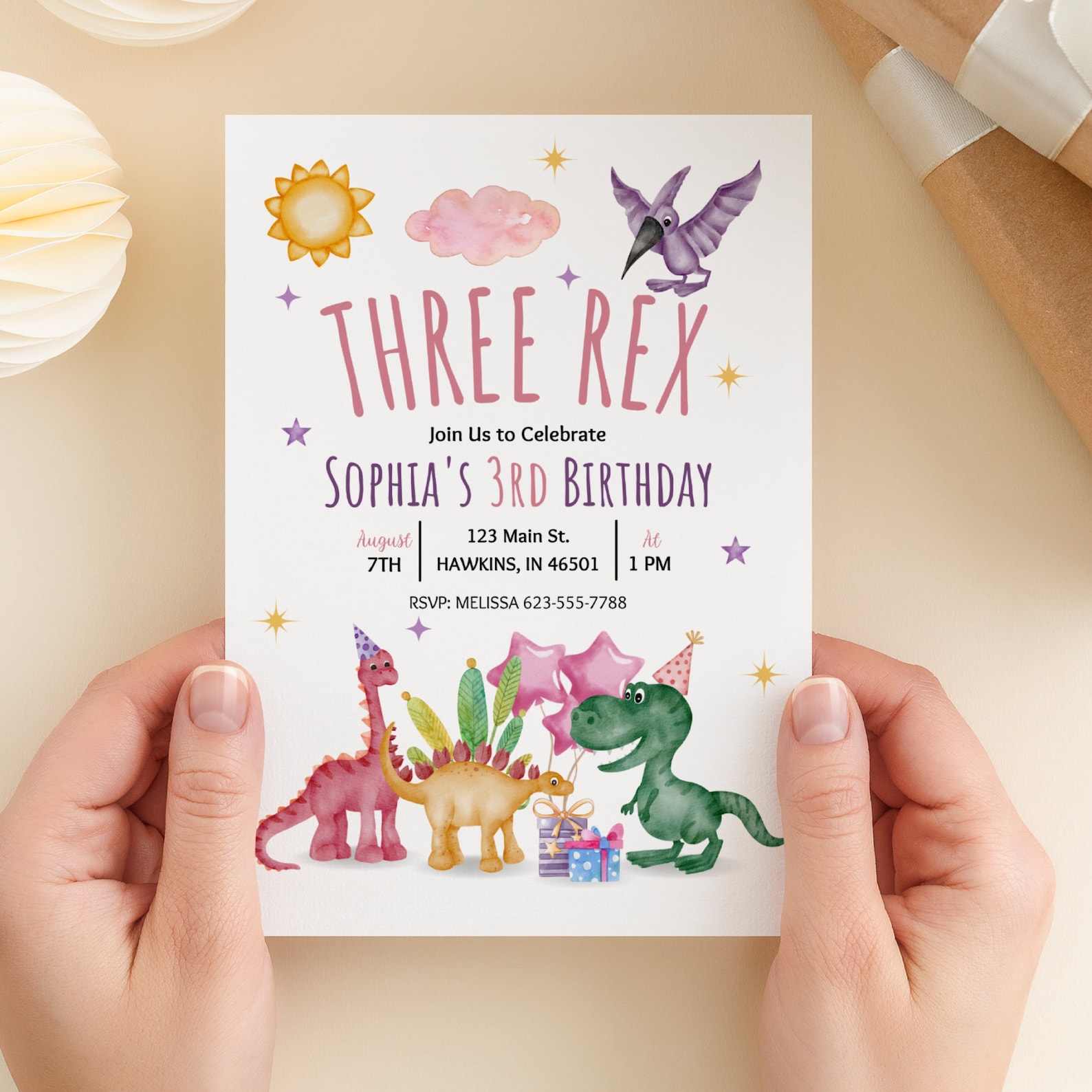 Girls 3 Rex Birthday Invitation, 3 Rex Birthday Girl, 3 Rex Birthday ...