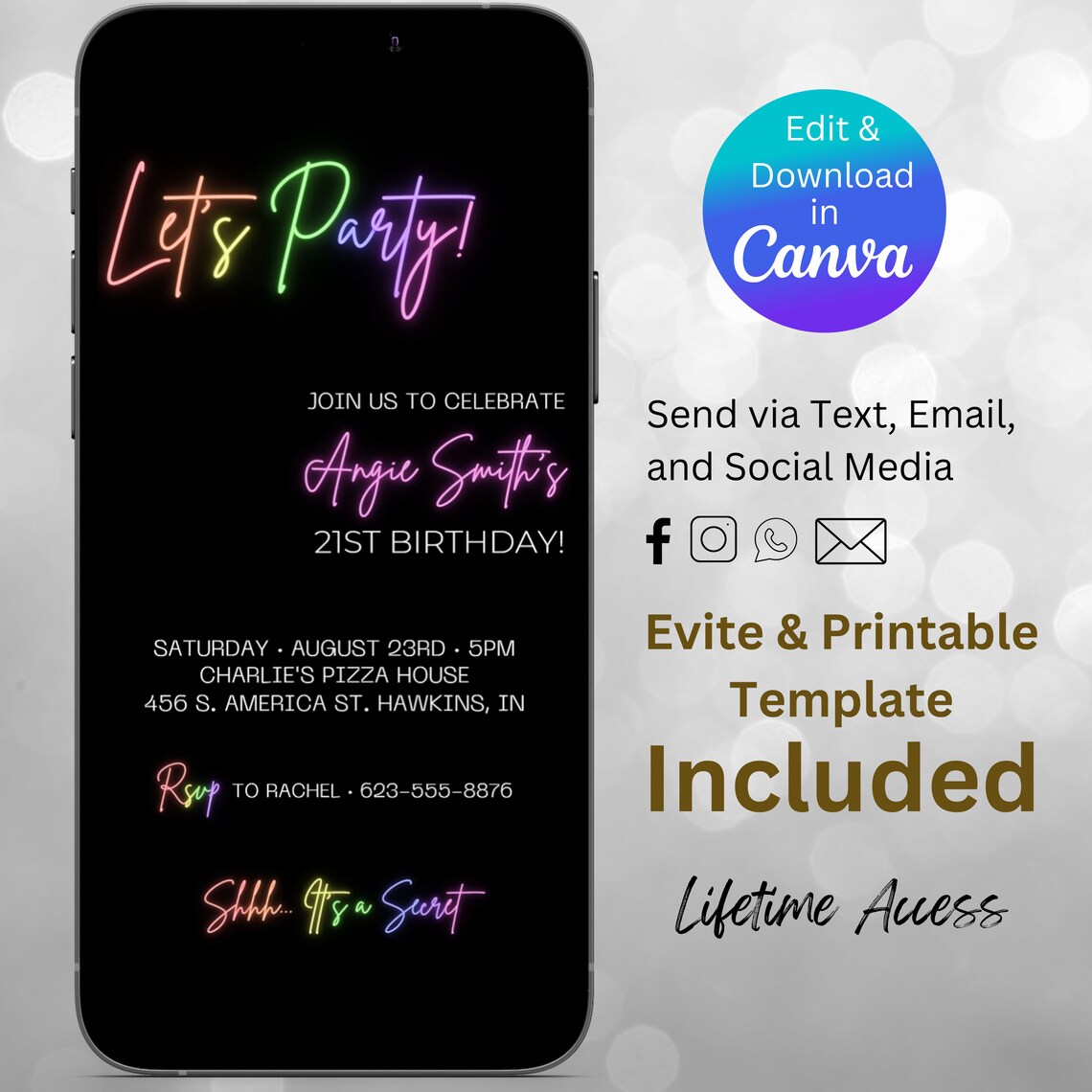 Neon Invitation Digital, Glow Party Invitation, Let's Party Invitation ...