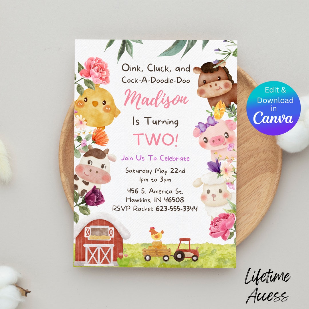 Farm 2nd Birthday Invitation, Farm Invitations for a Girl, Farm Girl ...