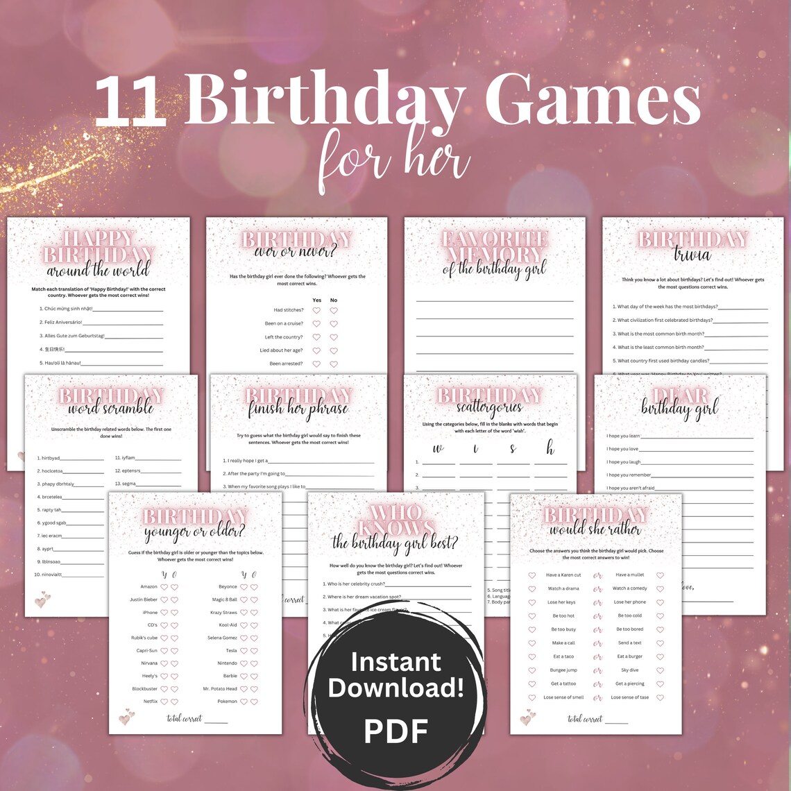 Rose Gold Birthday Games for Her Modern Birthday Party Games - Etsy