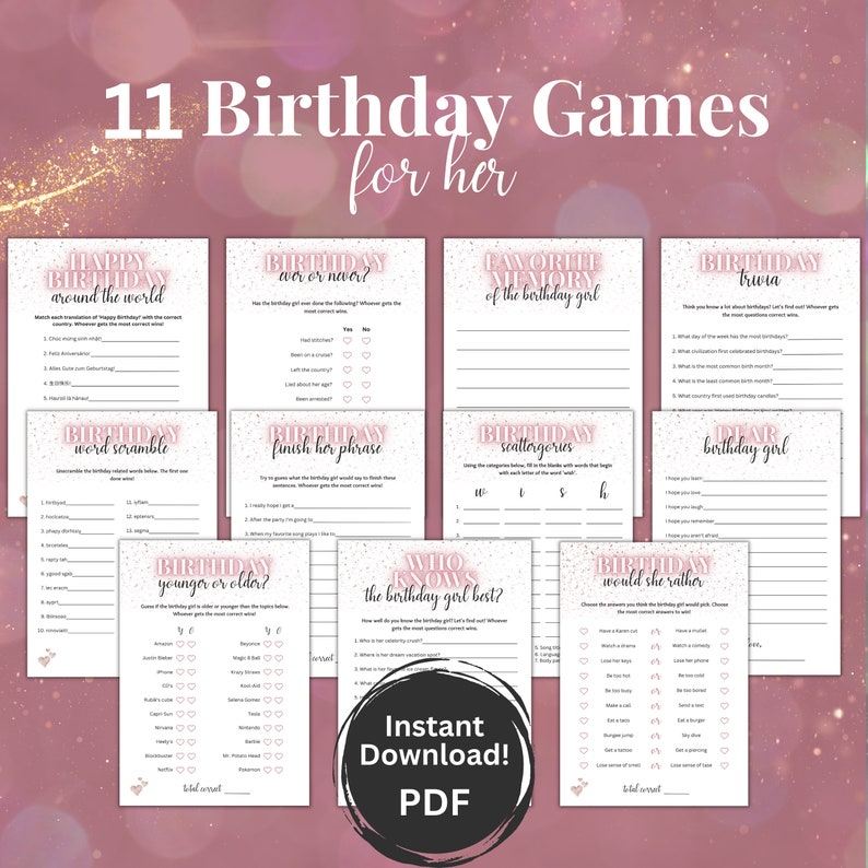Rose Gold Birthday Games for Her, Modern Birthday Party Games, Birthday ...