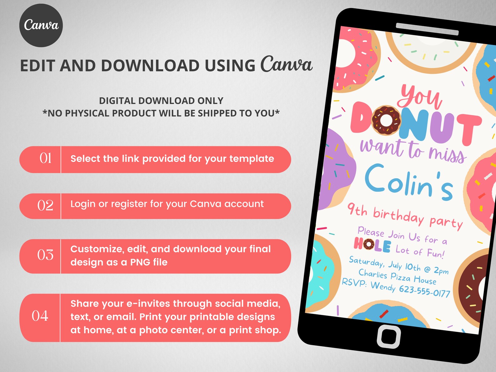 Donut Birthday Invitation, Editable Donut Birthday Invite, Doughnut ...