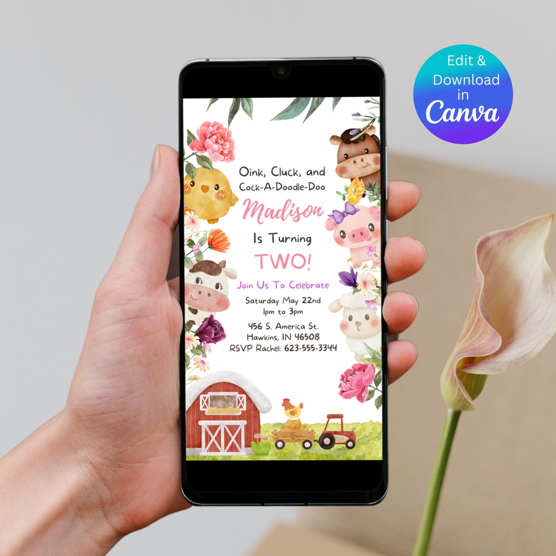 Farm 2nd Birthday Invitation, Farm Invitations for a Girl, Farm Girl ...