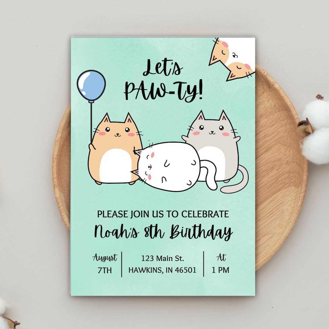 Cat Birthday Invitation Template, Cat Theme Birthday Invitation, Are ...