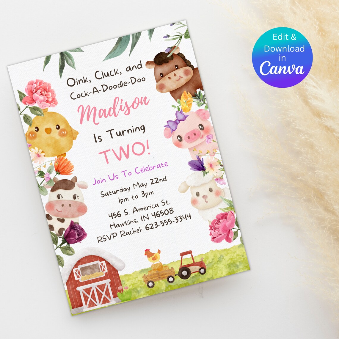 Farm 2nd Birthday Invitation, Farm Invitations for a Girl, Farm Girl ...