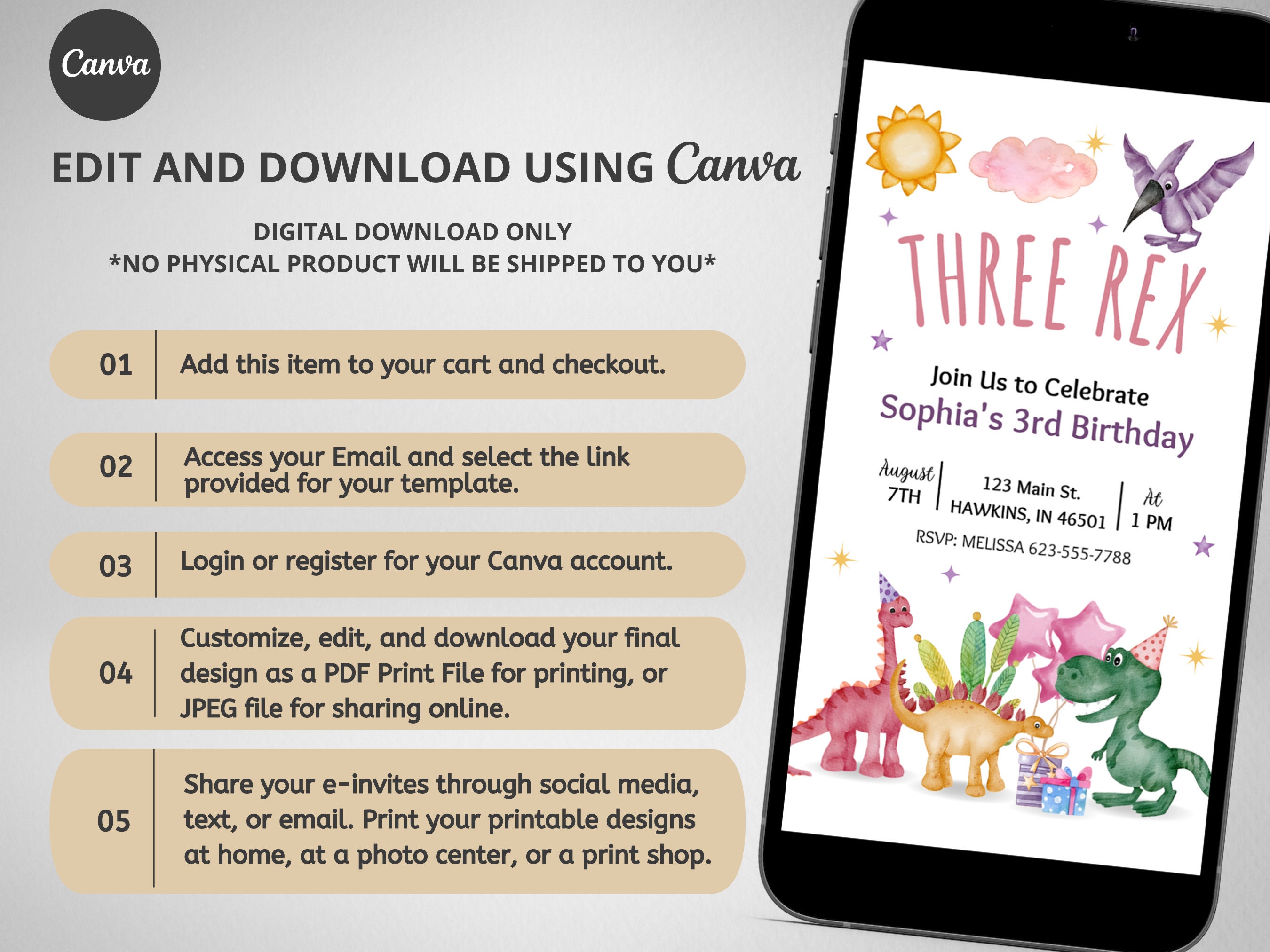 Girls 3 Rex Birthday Invitation 3 Rex Birthday Girl 3 Rex - Etsy