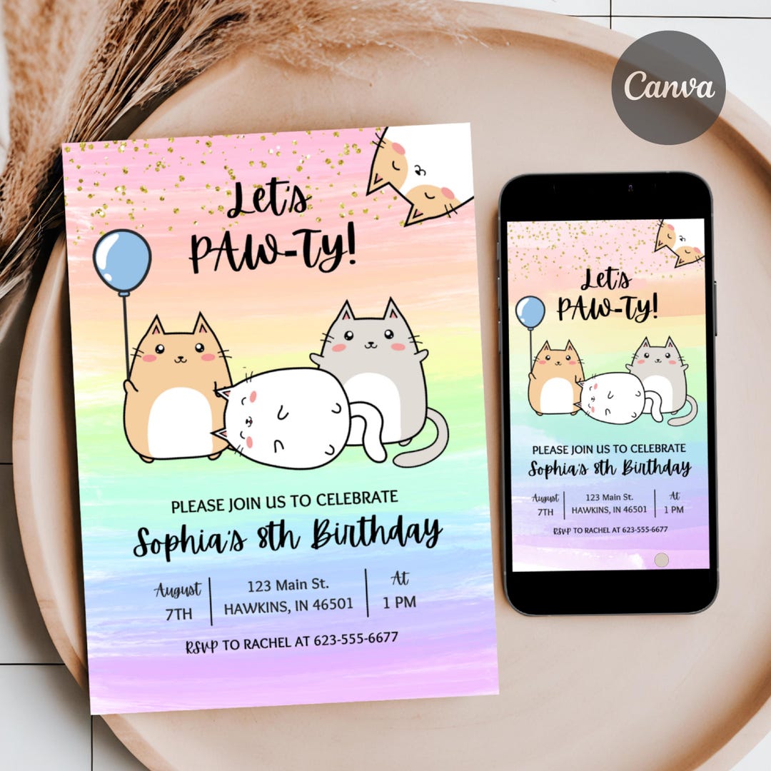 Cat Birthday Invitation, Cat Theme Birthday Invitation, Are You Kitten ...
