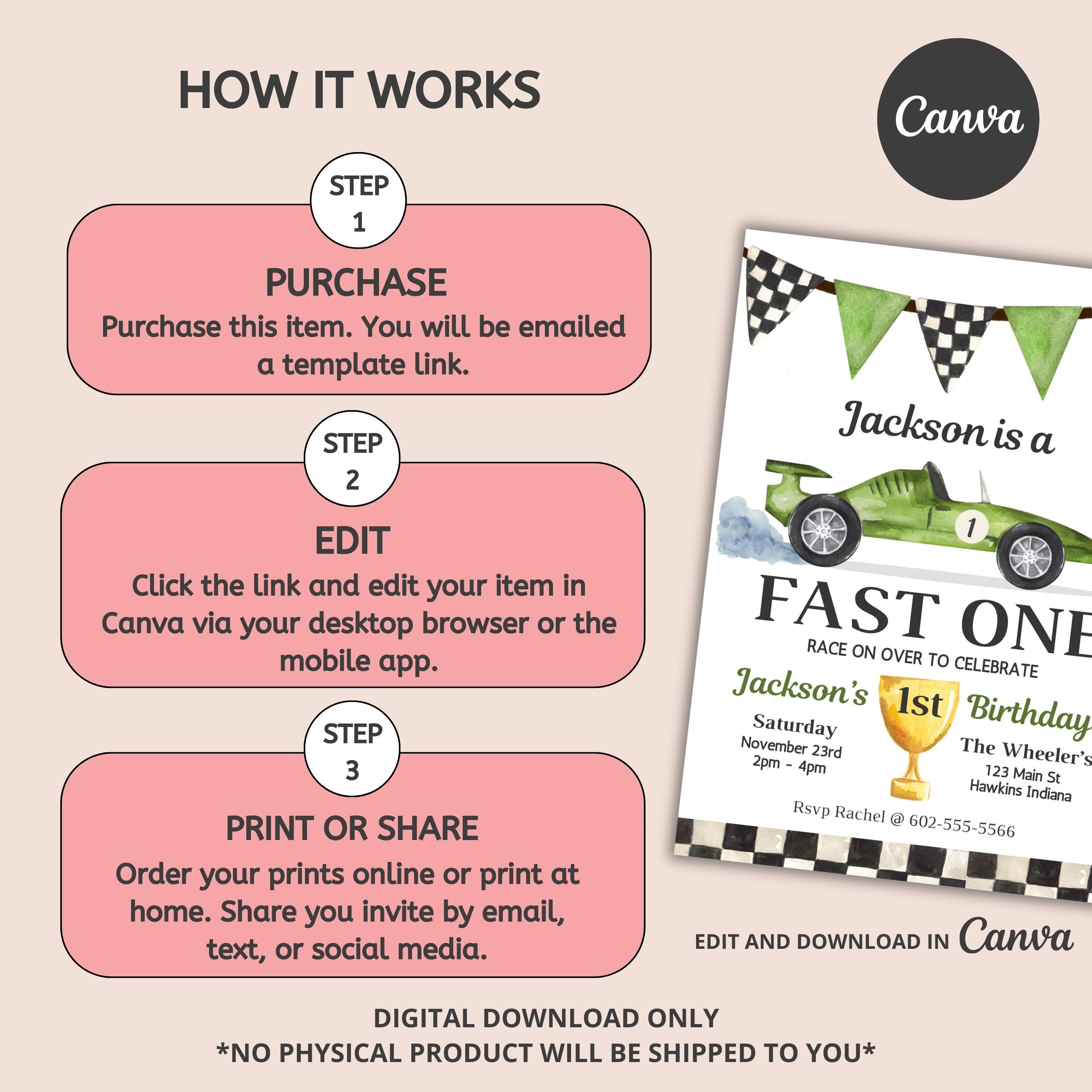 Fast ONE Invitation Template, A Fast ONE Invitation, Vintage, Race Car ...