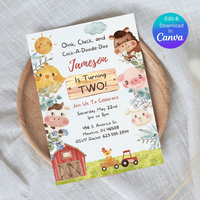 Boys Farm 2nd Birthday Invitation Farm Theme Birthday - Etsy