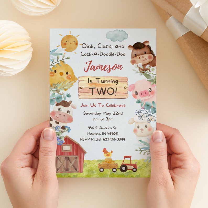 Boys Farm 2nd Birthday Invitation, Farm Theme Birthday Invitation, 2nd ...