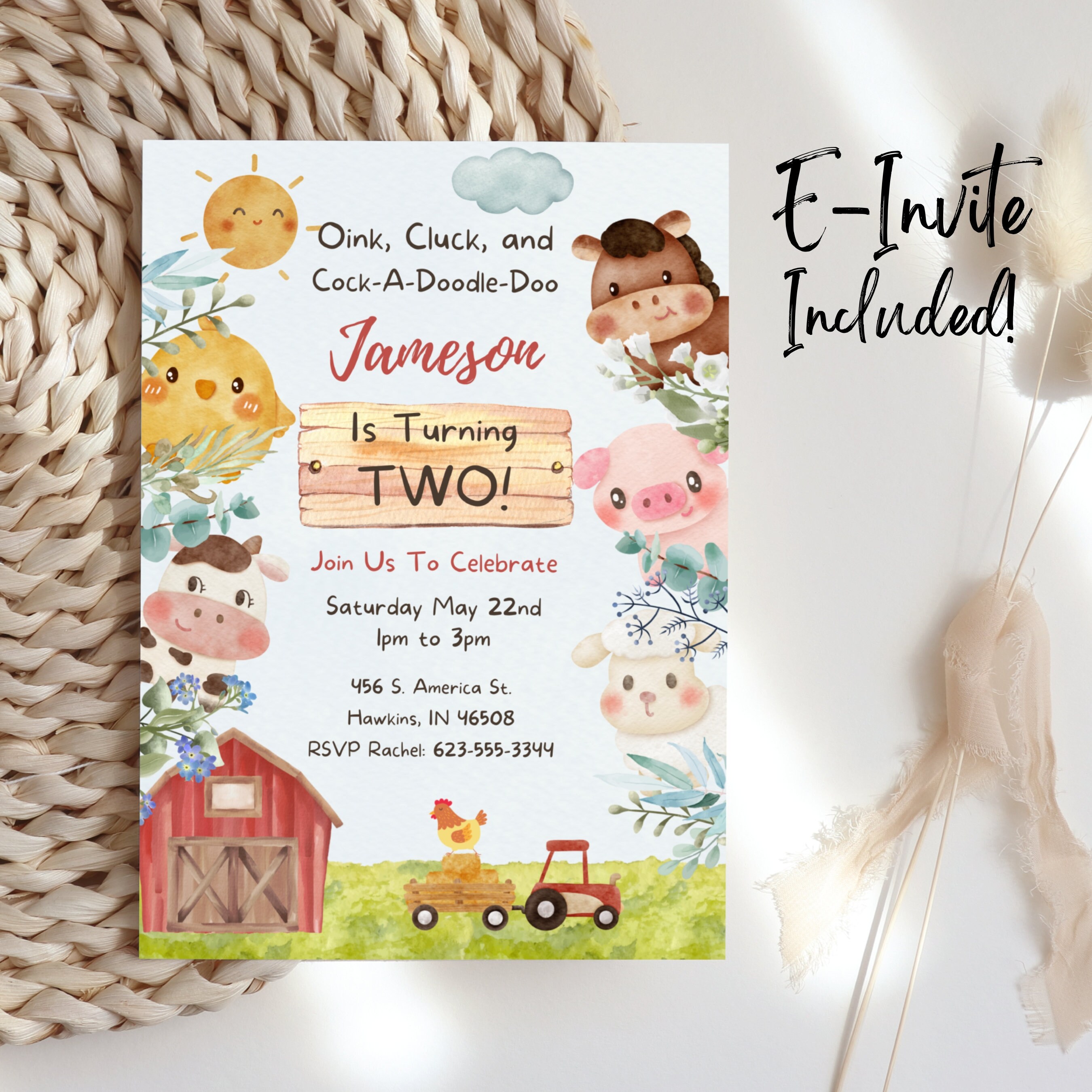 Boys Farm 2nd Birthday Invitation, Farm Theme Birthday Invitation, 2nd ...
