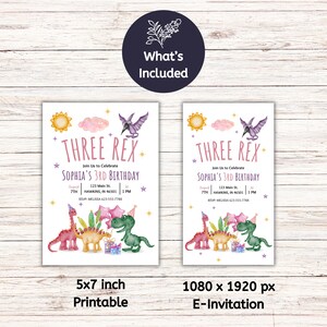 Girls 3 Rex Birthday Invitation, 3 Rex Birthday Girl, 3 Rex Birthday ...