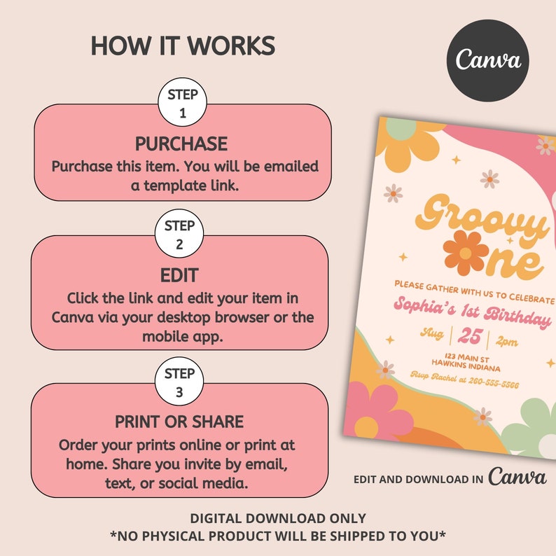 Groovy ONE Birthday Invitation Template, Groovy One Invitation, Groovy ...