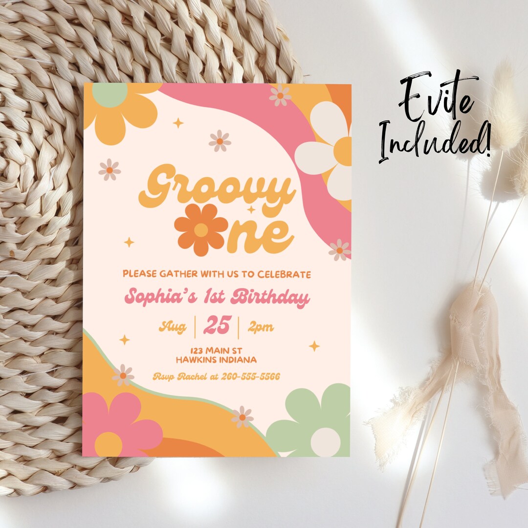 Groovy ONE Birthday Invitation Template, Groovy One Invitation, Groovy ...
