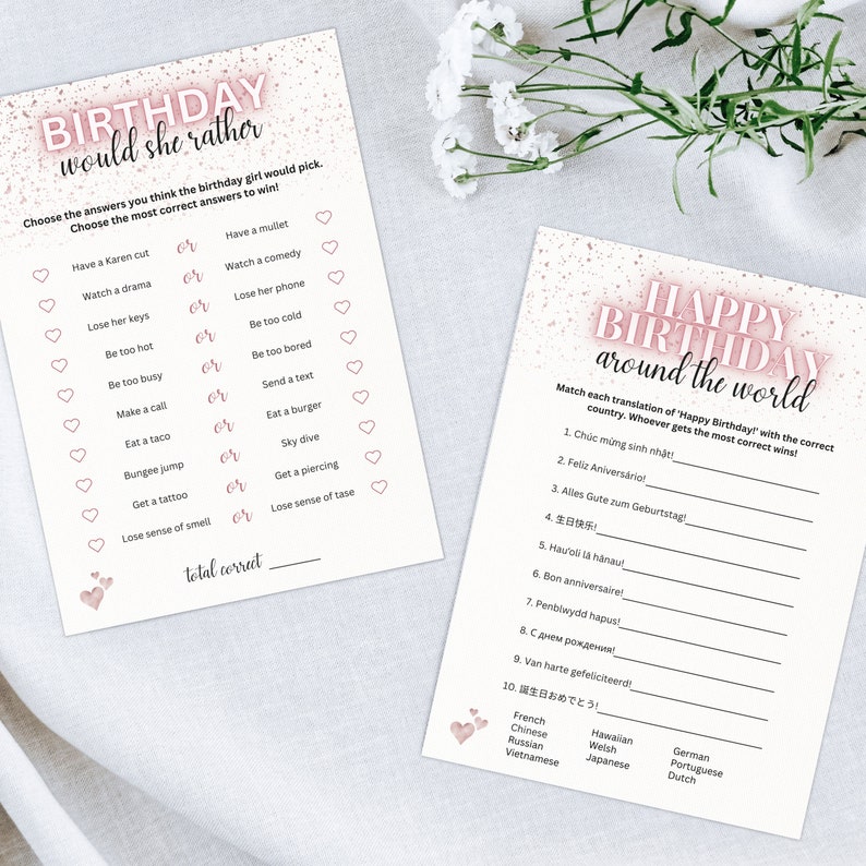 Rose Gold Birthday Games for Her, Modern Birthday Party Games, Birthday ...