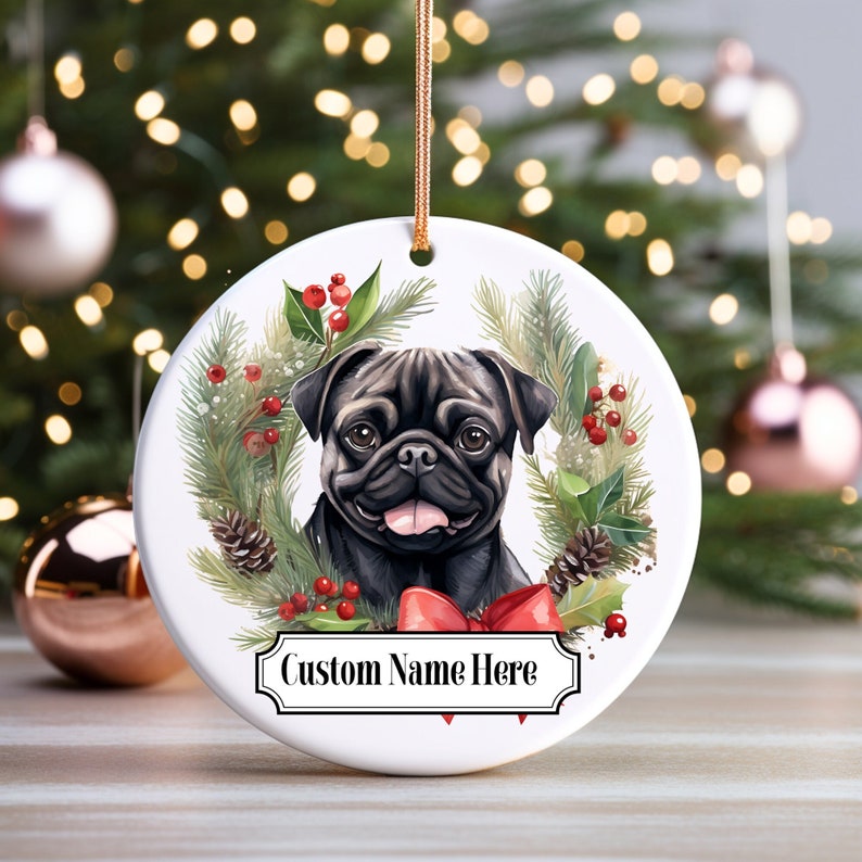 Black Pug Christmas Ornament Custom Personalized Round Dog Ceramic Gift ...