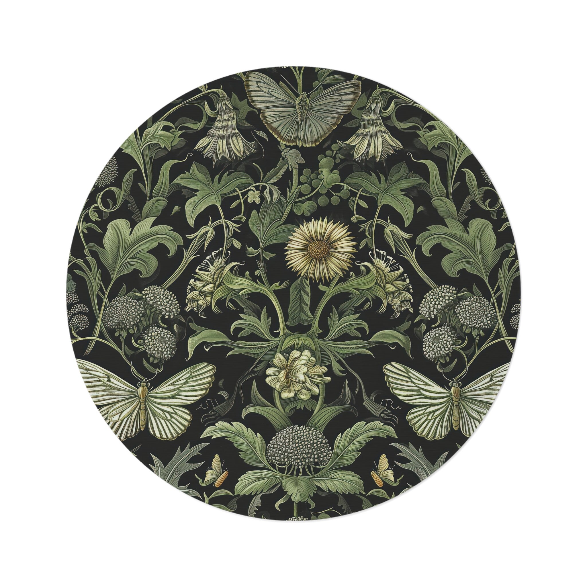 Green Floral Round Rug, Dark Green Black Floral Rug, William Morris ...