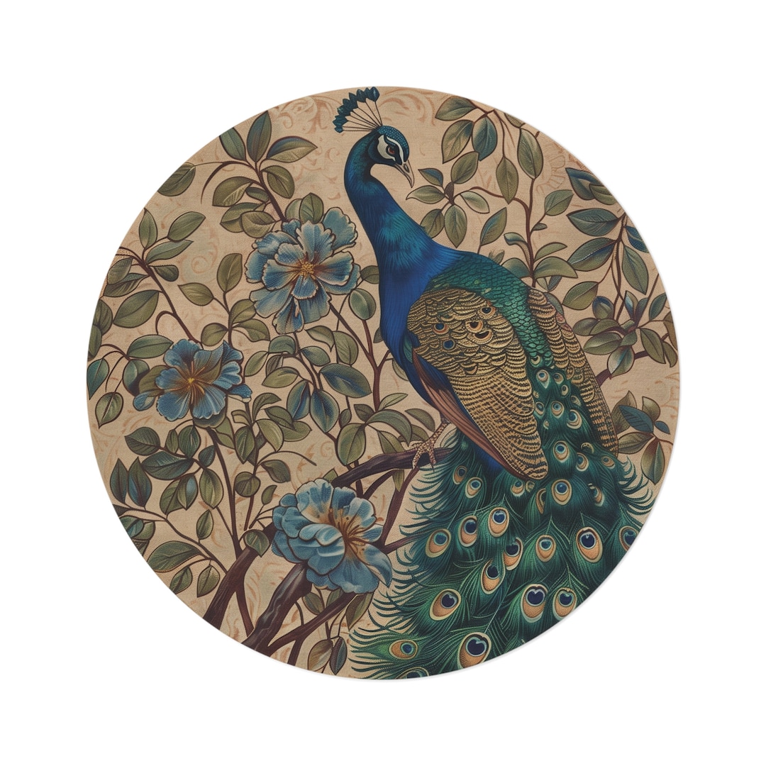 Peacock Round Rug Floral Artisan Carpet Decorative Statement Floor ...