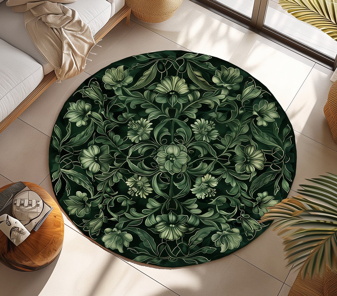 Dark Green Floral Botanical Bliss Round Rug Lush Green Floral Design ...