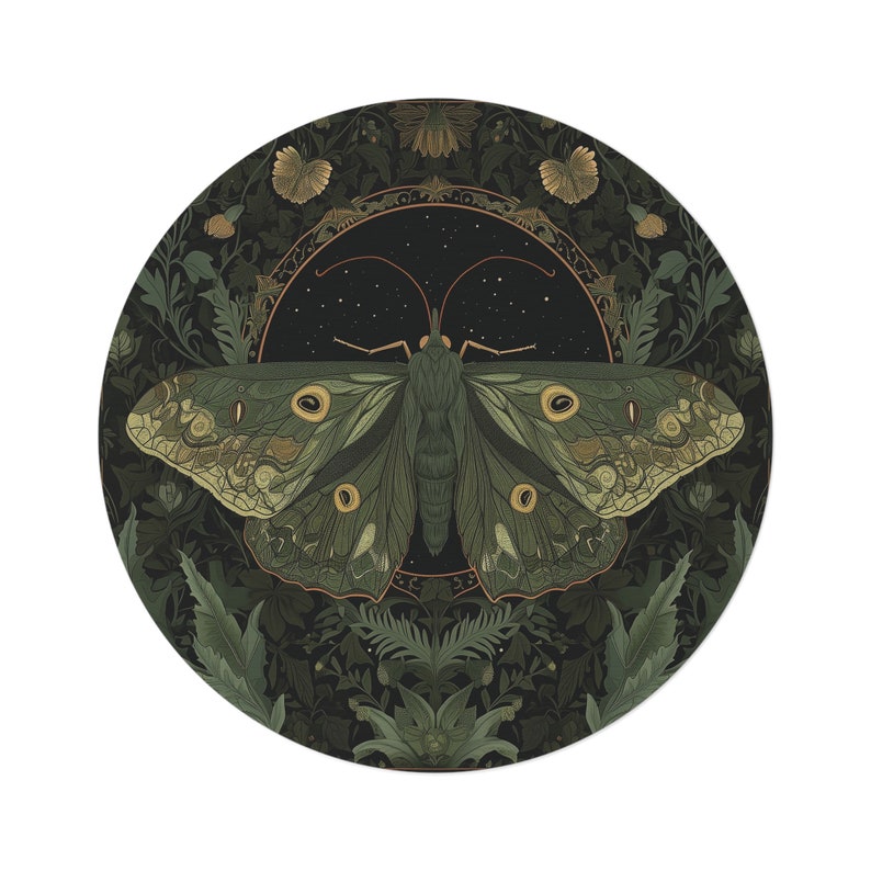 Dark Green Moth Rug, Green Moth Rug, Elegant Moth Round Rug With ...