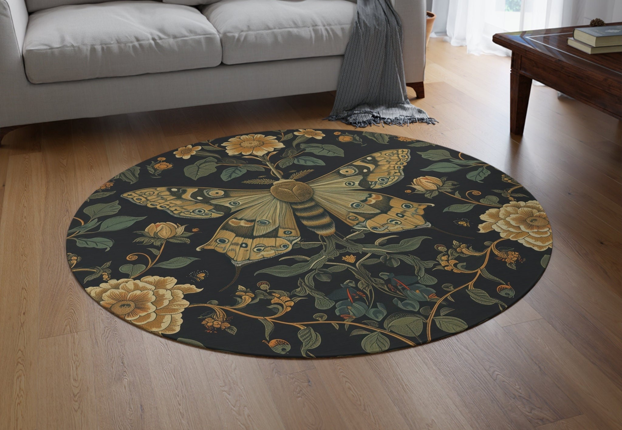 Vintage-inspired Floral Butterfly Round Rug Artisanal Home Decor Carpet ...