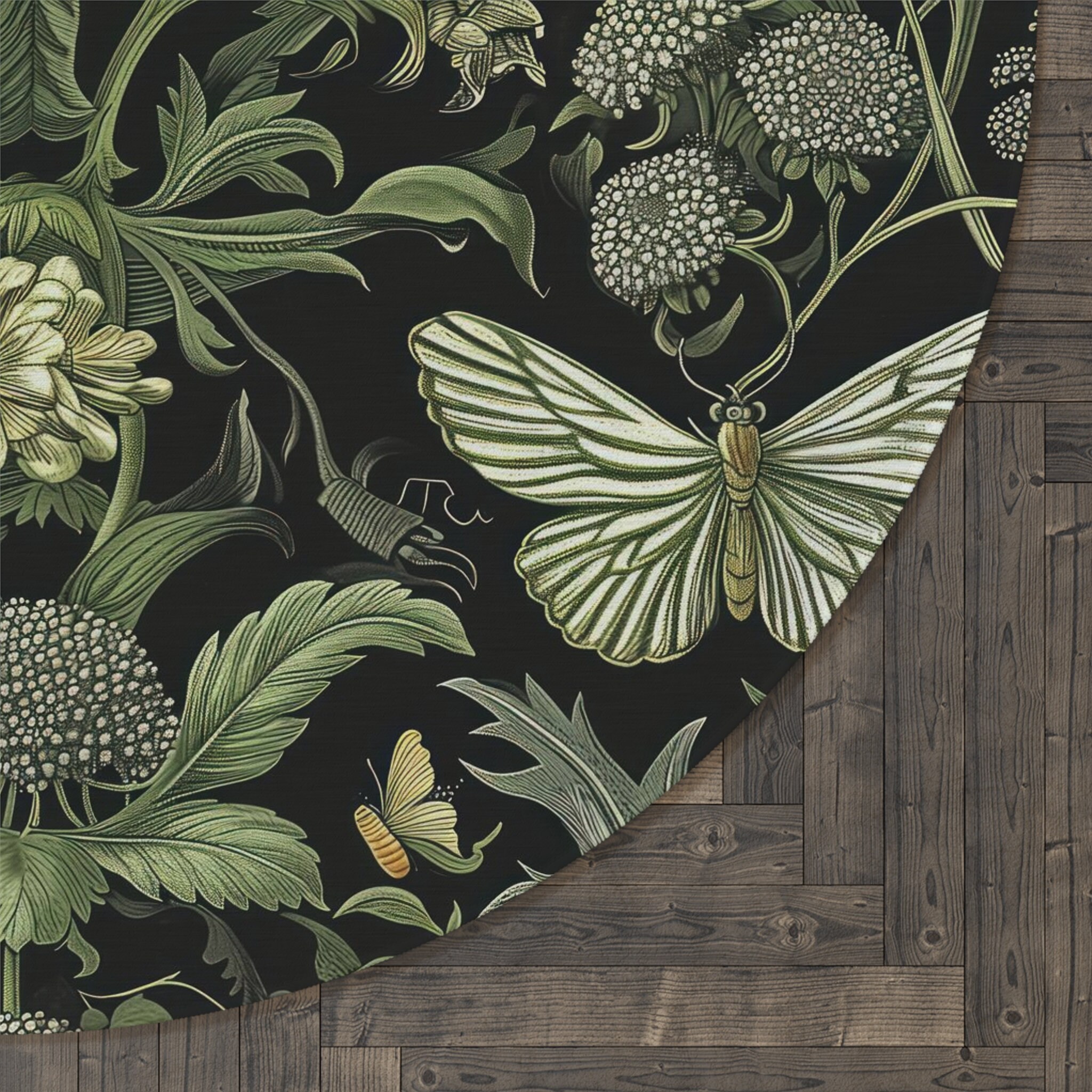 Green Floral Round Rug, Dark Green Black Floral Rug, William Morris ...