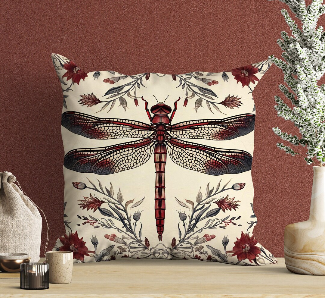 Red Creme Dragonfly Pillow Dragonfly Throw Pillow Dragonfly Folk Art ...