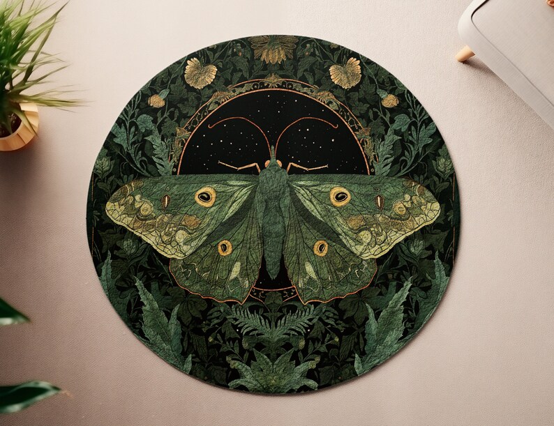 Dark Green Moth Rug, Green Moth Rug, Elegant Moth Round Rug With ...