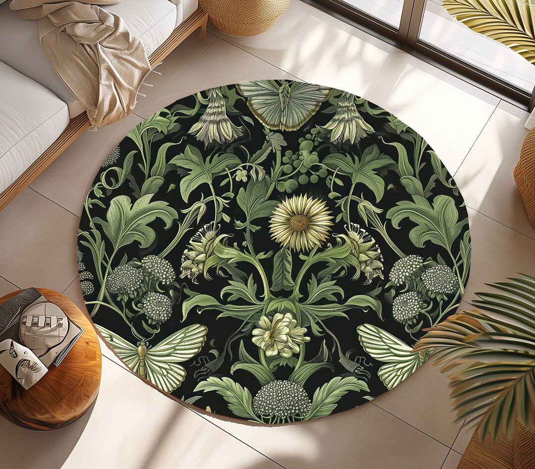 Green Floral Round Rug, Dark Green Black Floral Rug, William Morris ...