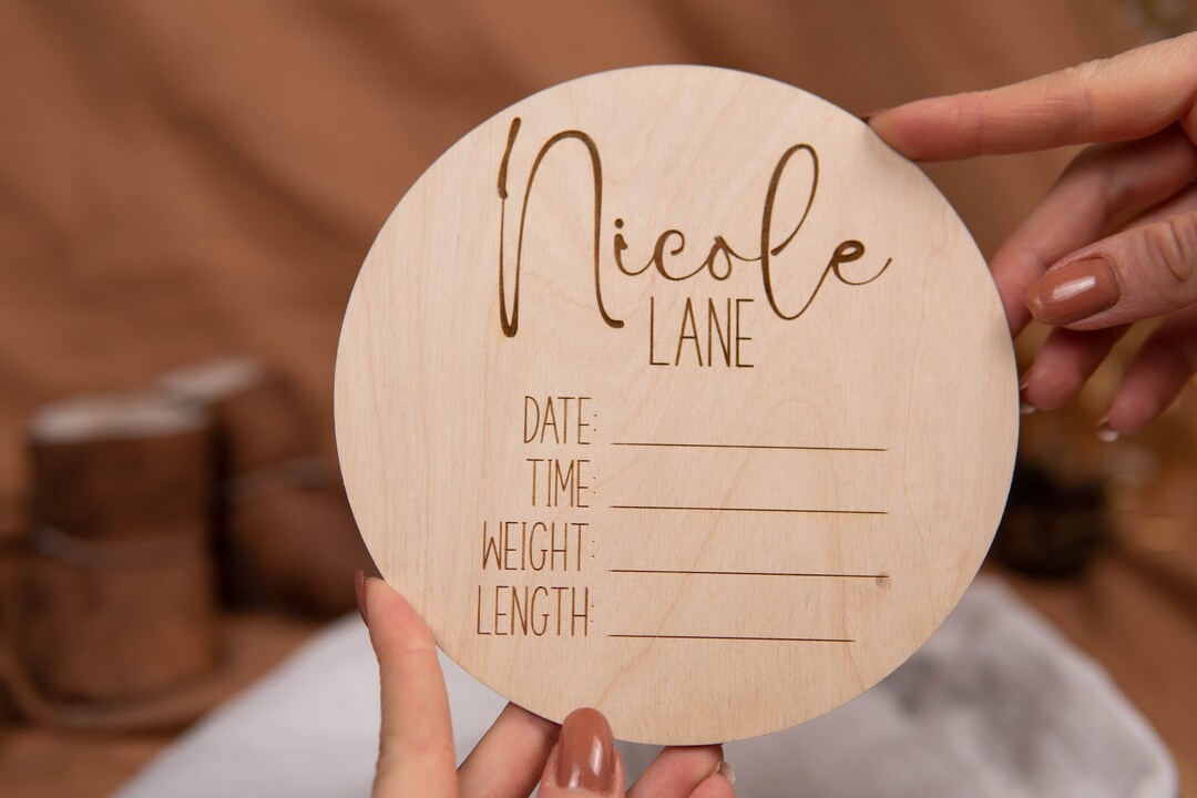 Newborn Birth Stat Sign, Wood Baby Plaque, Baby Round Name Plaque ...
