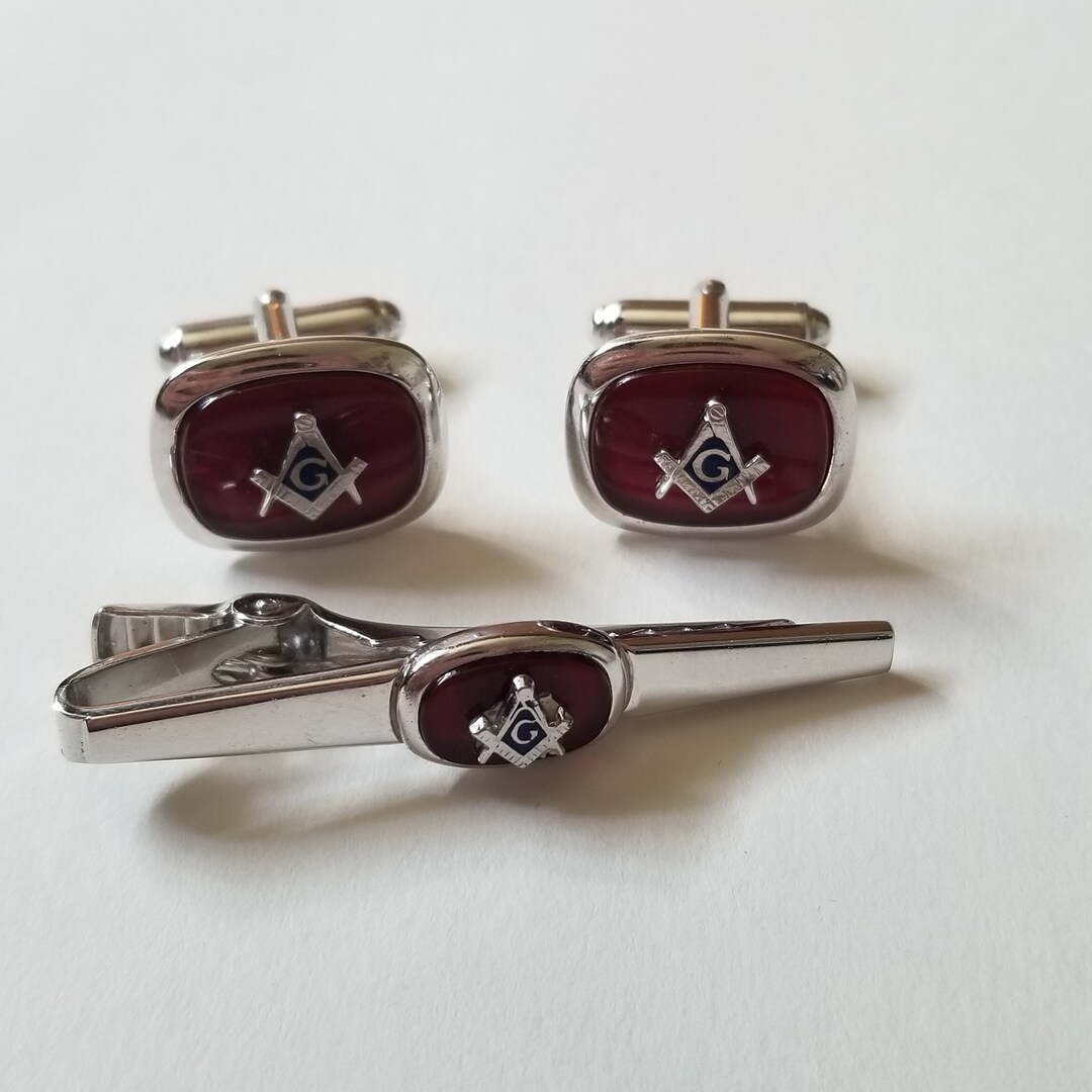 Vintage Ruby Red Freemason Square and Compass Tie Clip and Cuff Links ...