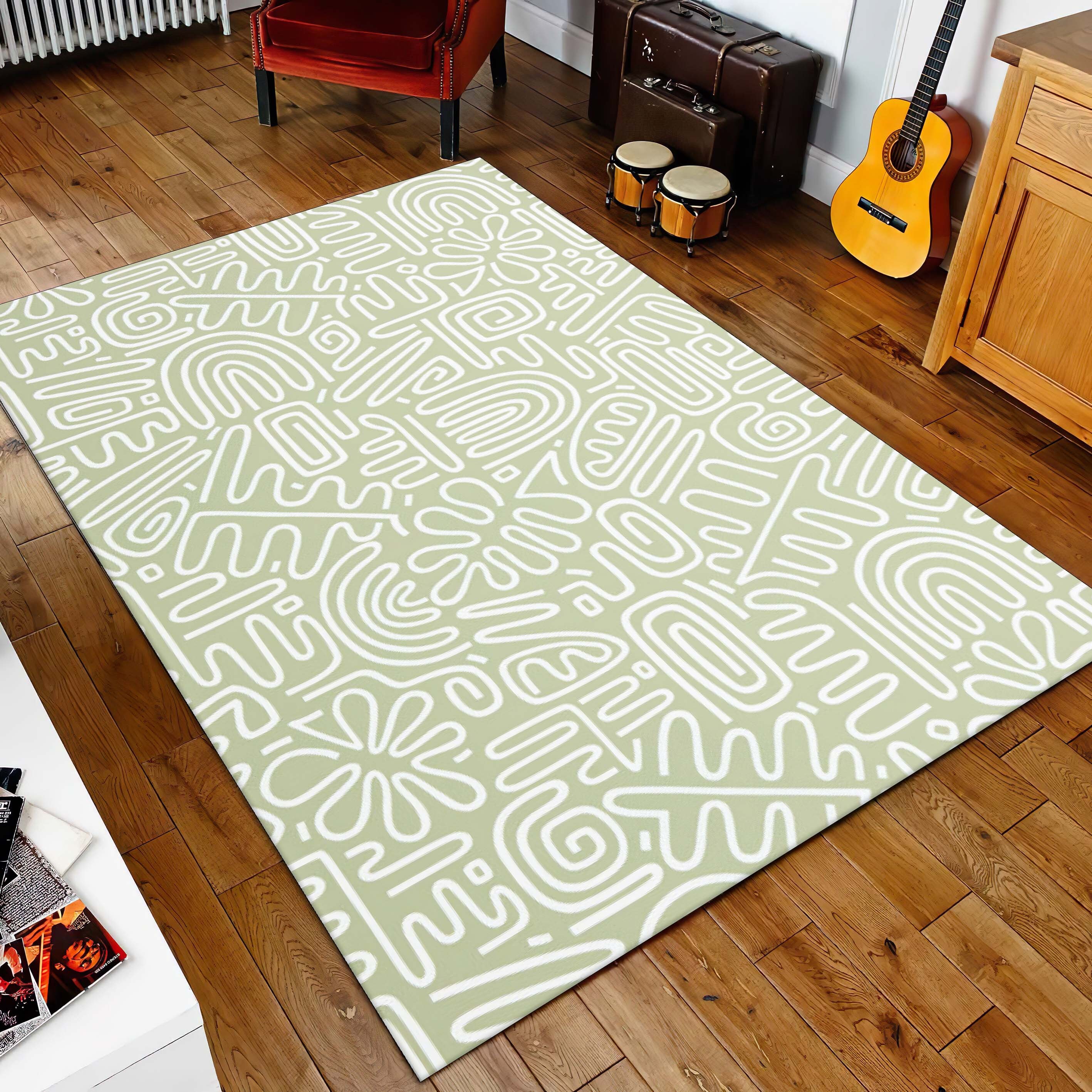 Line Art Minimalist Rug, Simple Rug for Living Room, Mint Rug, Washable ...
