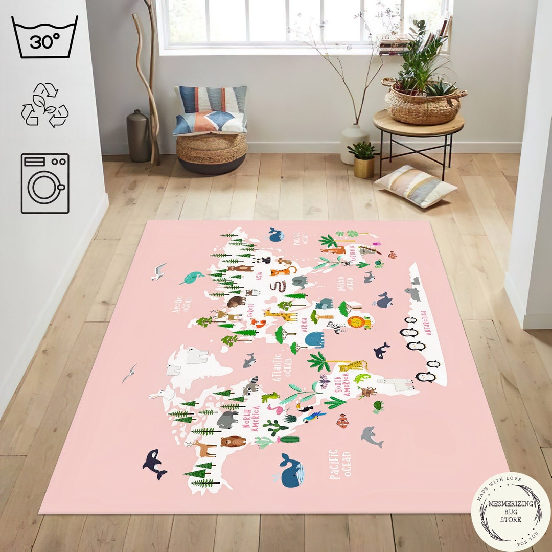 World Map Carpet, Pink World Map Rug, Educational Rug for Kids, Learn ...