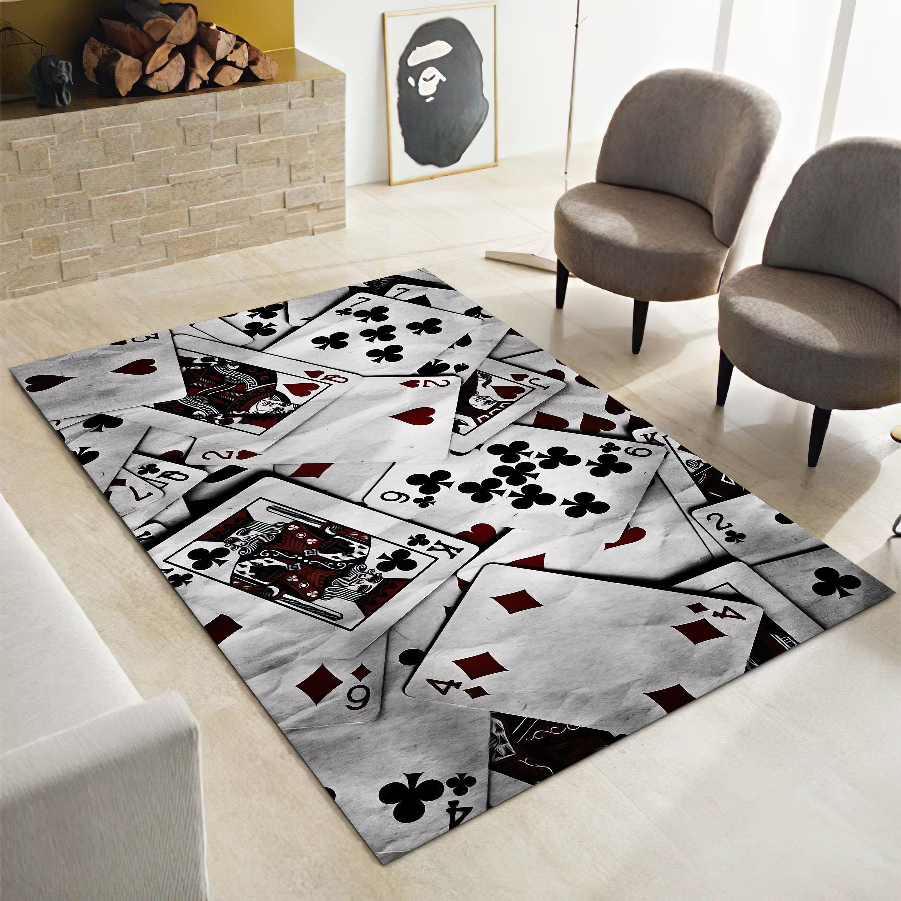 Playing Cards Themed Printed Rug, Black and White Rug, Washable Rug ...