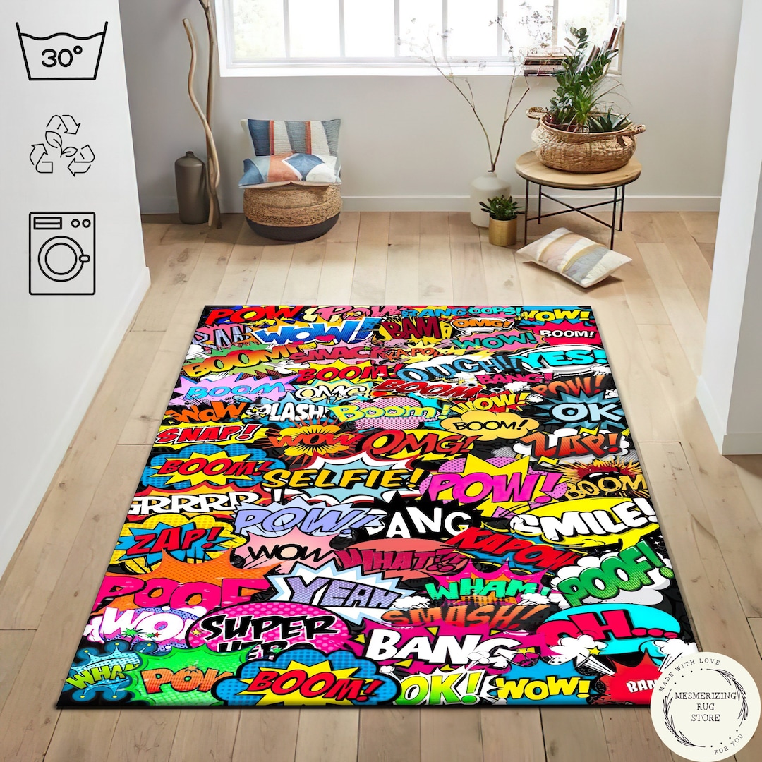 Comic Action Words Rug, Graffiti Rug, Comic Rug, Pop Art Rug, Boom Pow ...