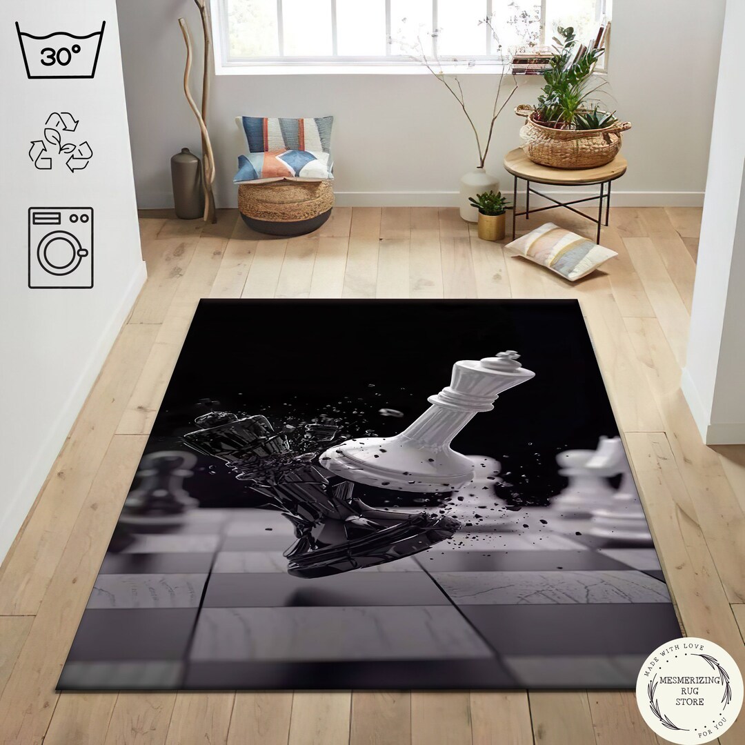 Chess Rug, Checkmate, Chessman Rug, Black and White Chess Rug, Chess ...