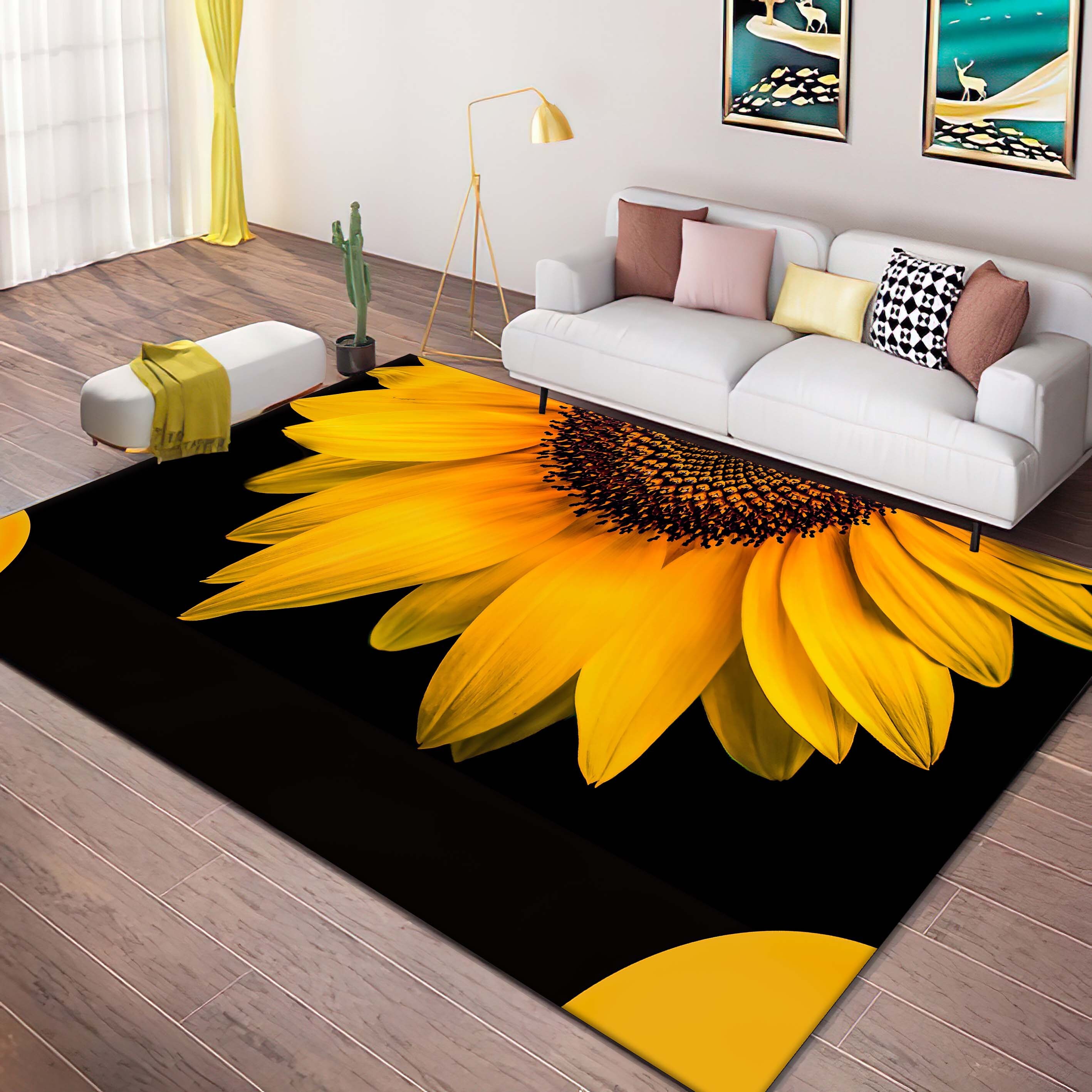 Realistic Sunflowers Rug, Black and Yellow Rug, Flower Rug, Vibrant ...