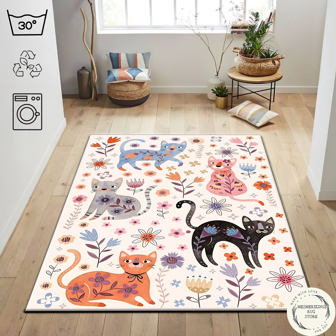 Cats and Flowers Kids Rug: Animal Pattern Nursery Decor - Etsy New Zealand