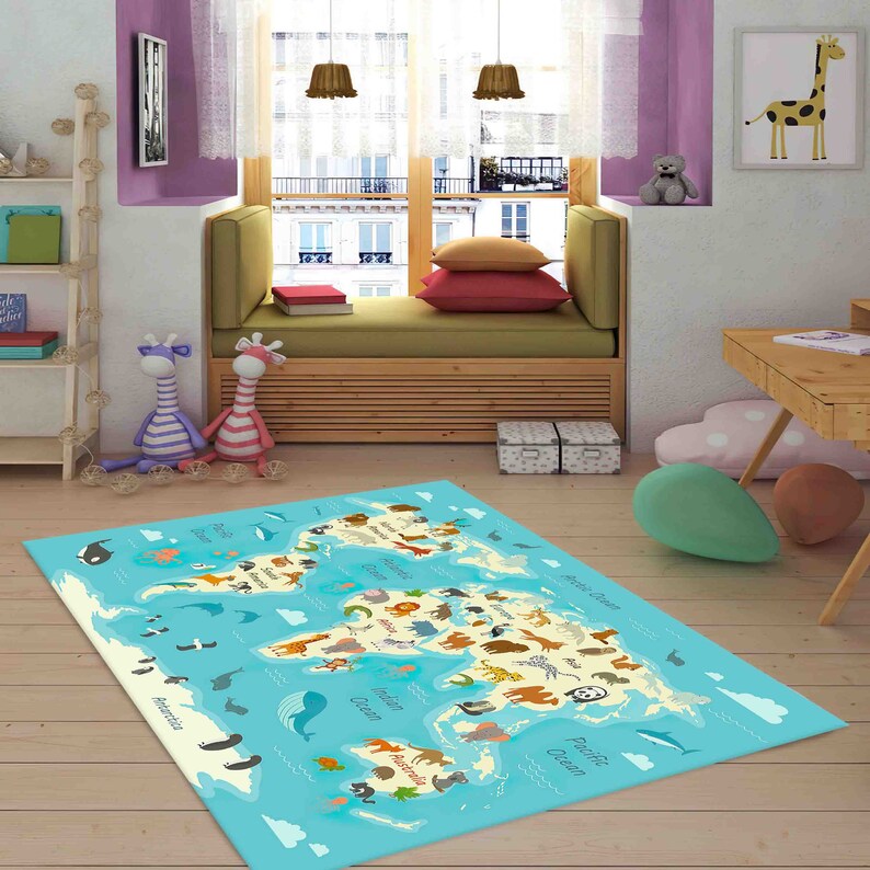 World Map Play Mat for Kids, Learn Continents & Animals, Baby Play Mat ...