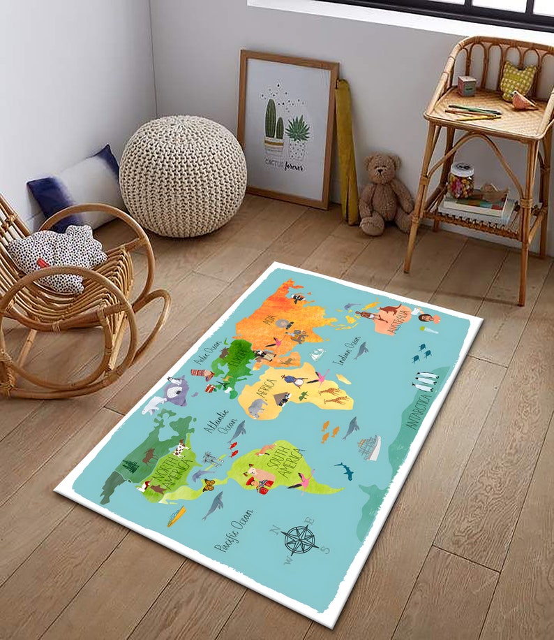 World Map Rug for Kids, World Map Carpet, Educational Play Mat for Kids ...