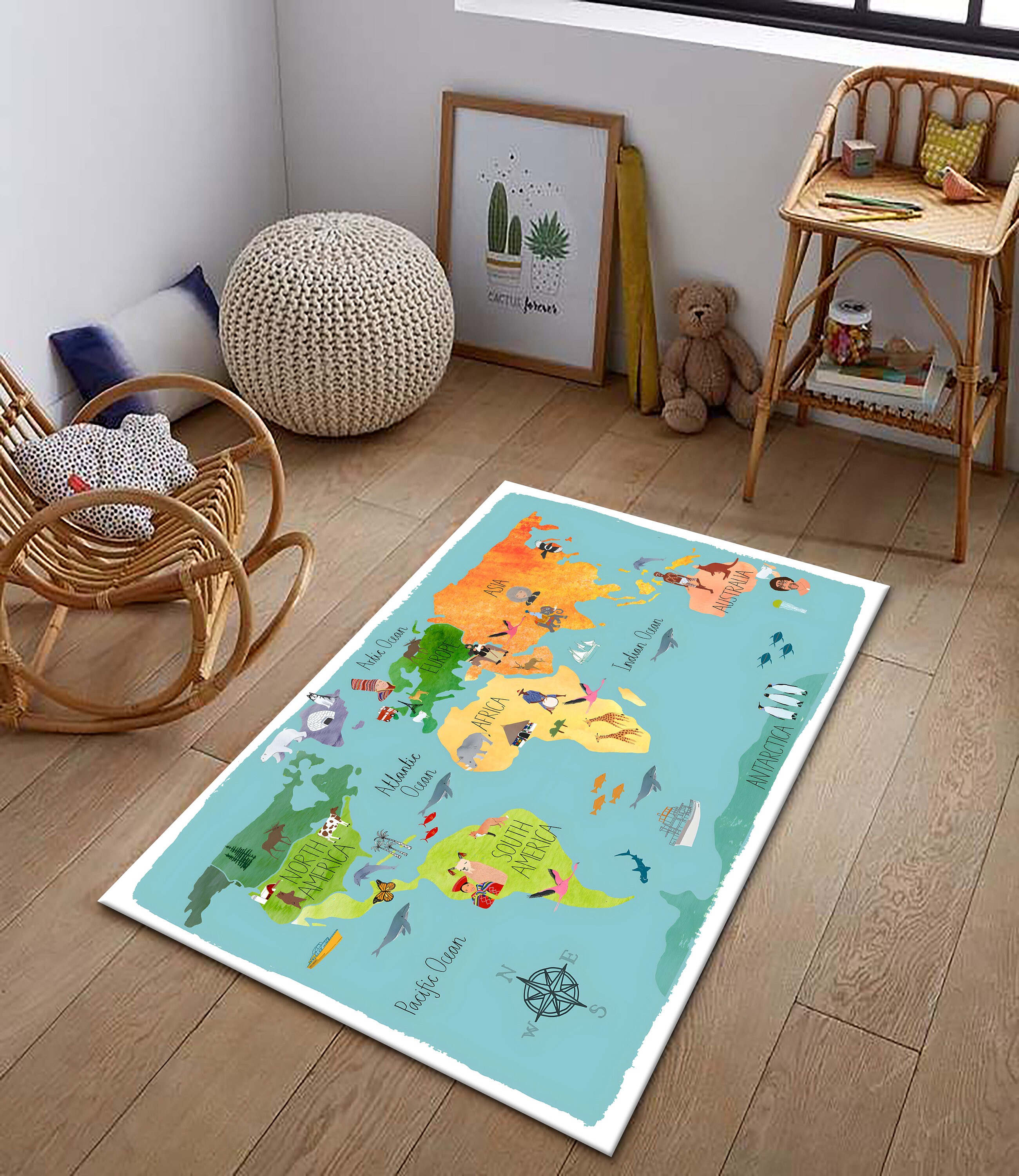 World Map Rug for Kids, World Map Carpet, Educational Play Mat for Kids ...