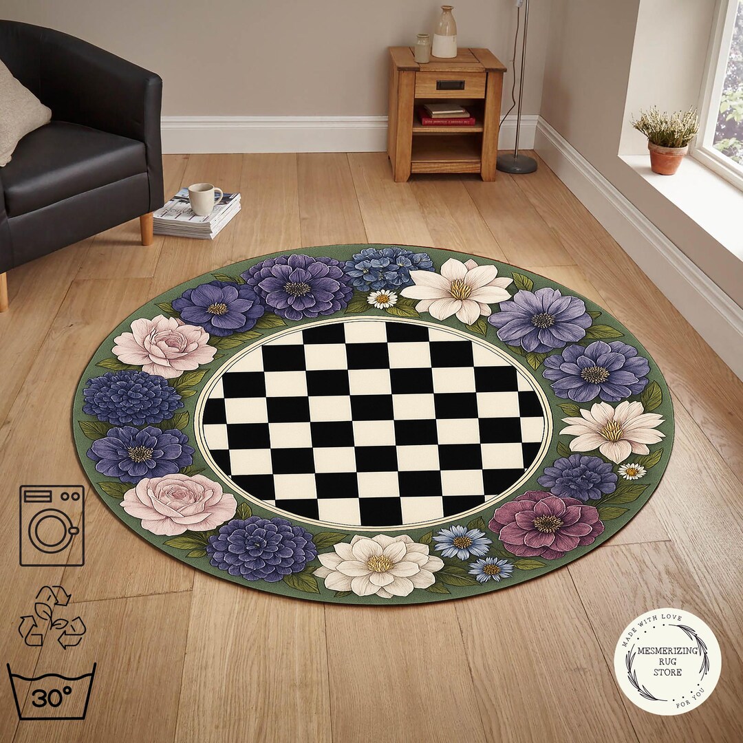Round Floral Checkerboard Rug, Pastel Colors Vintage Botanical Area ...