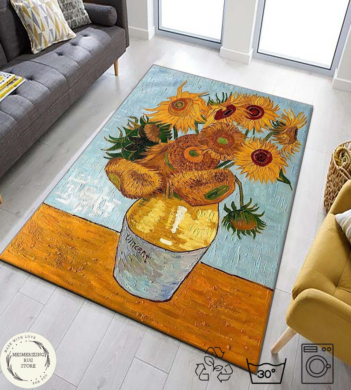 Van Gogh Sunflowers Rug: Famous Paintings, Washable Velvet Art Rug - Etsy