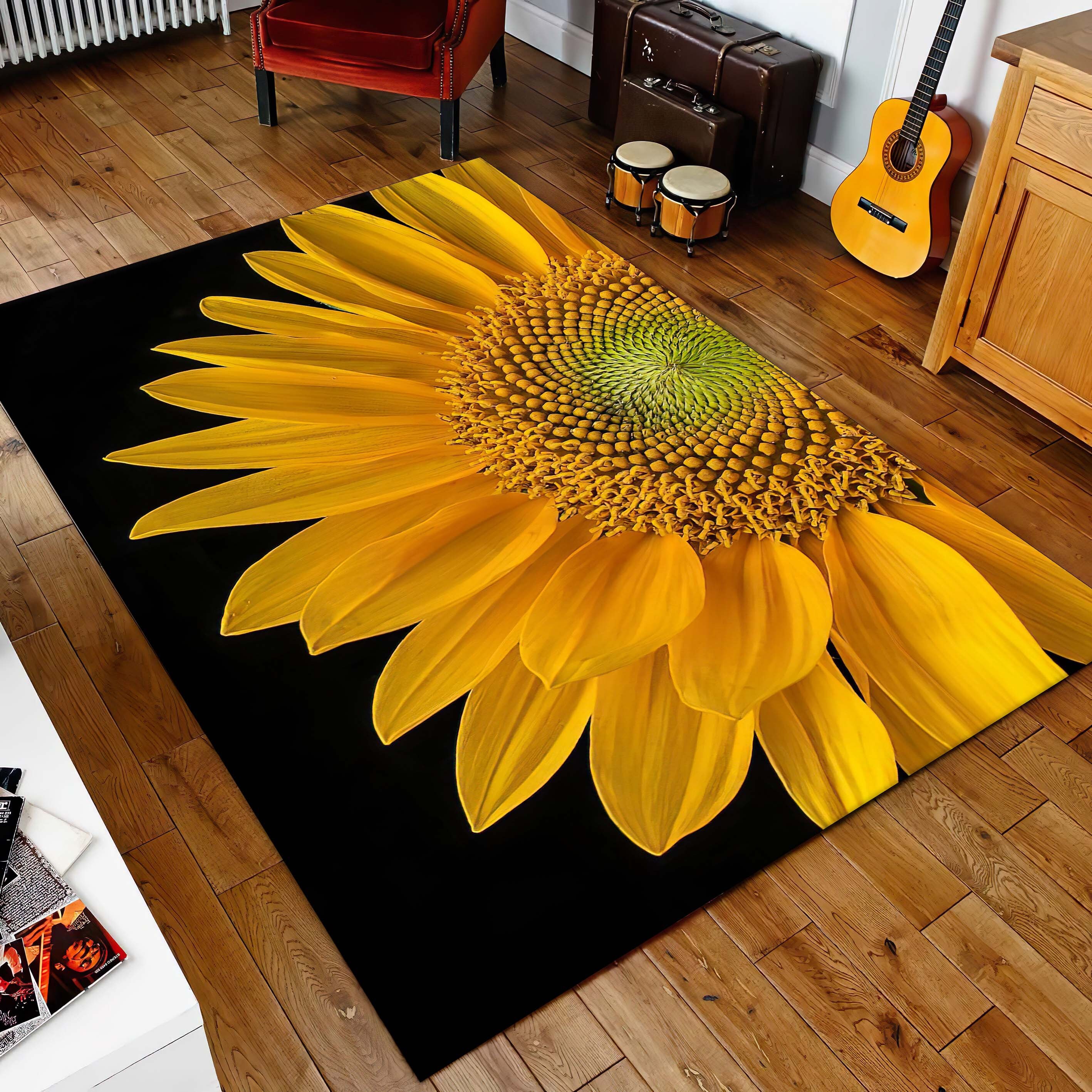 Realistic Sunflowers Rug, Black and Yellow Rug, Flower Rug, Vibrant ...