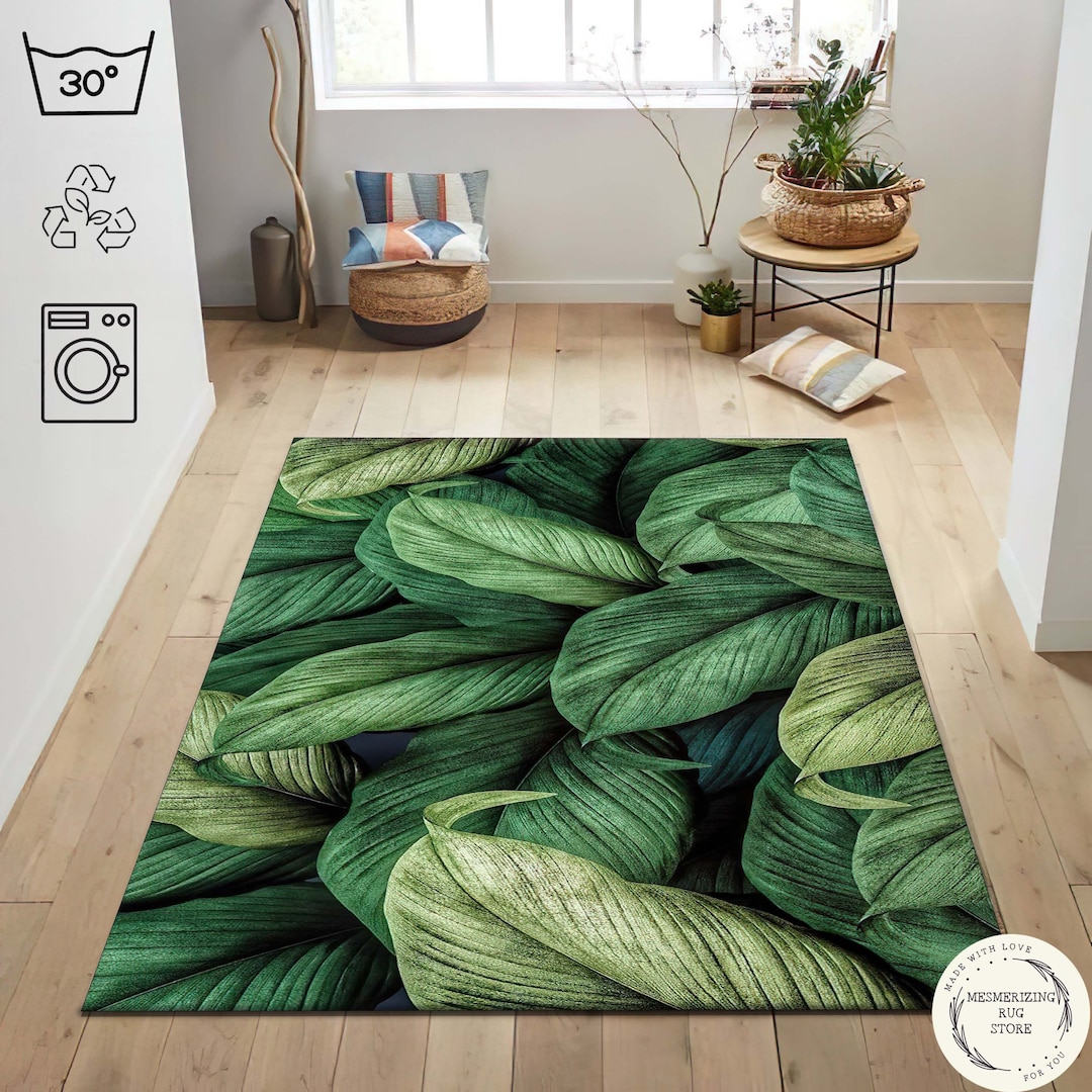 Leaf Pattern Rug, Green Leaf Carpet, Flower Rug, Natural Rug, Living ...