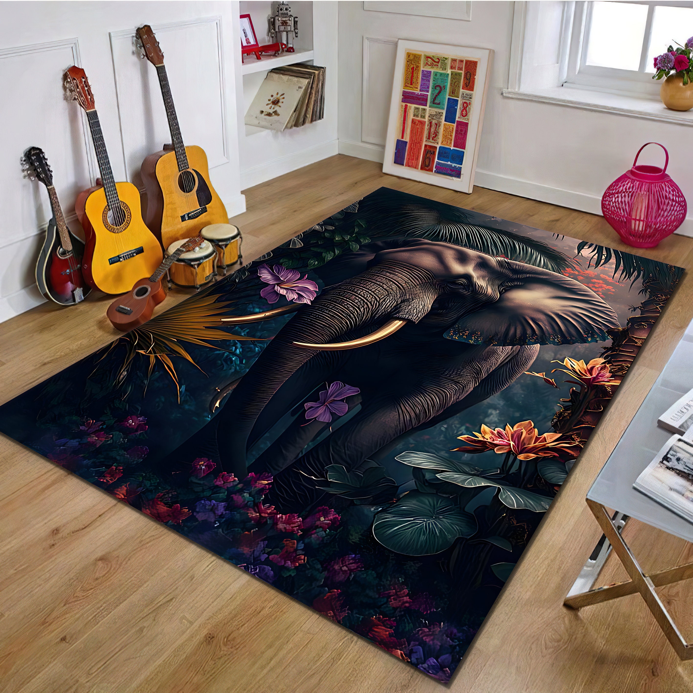 Elephant Carpet, Elephant Pattern Rug, Flower Rug, Botanical Rug ...